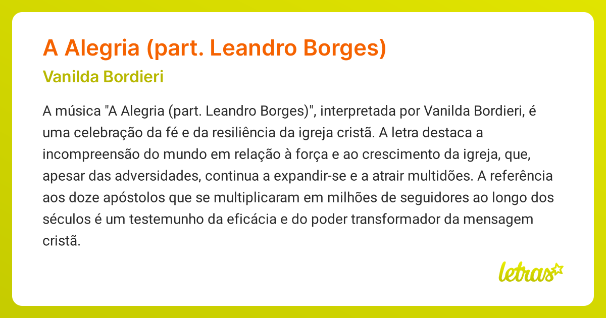 Significado da música A Alegria (part. Leandro Borges) (Vanilda Bordieri) - LETRAS.MUS.BR
