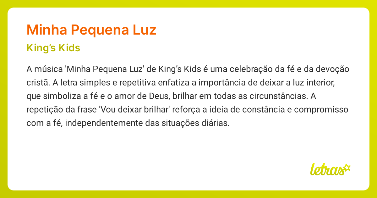 Significado da música MINHA PEQUENA LUZ (King’s Kids) - LETRAS.MUS.BR