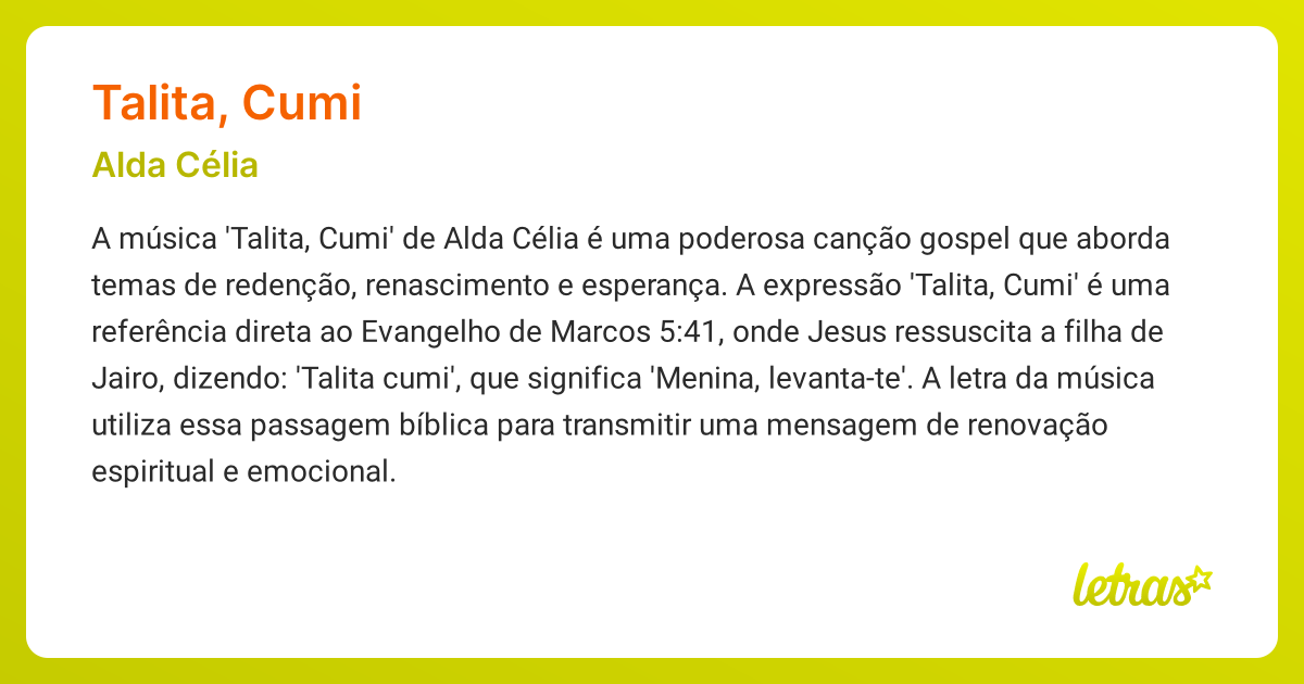 Significado da música TALITA, CUMI (Alda Célia) - LETRAS.MUS.BR