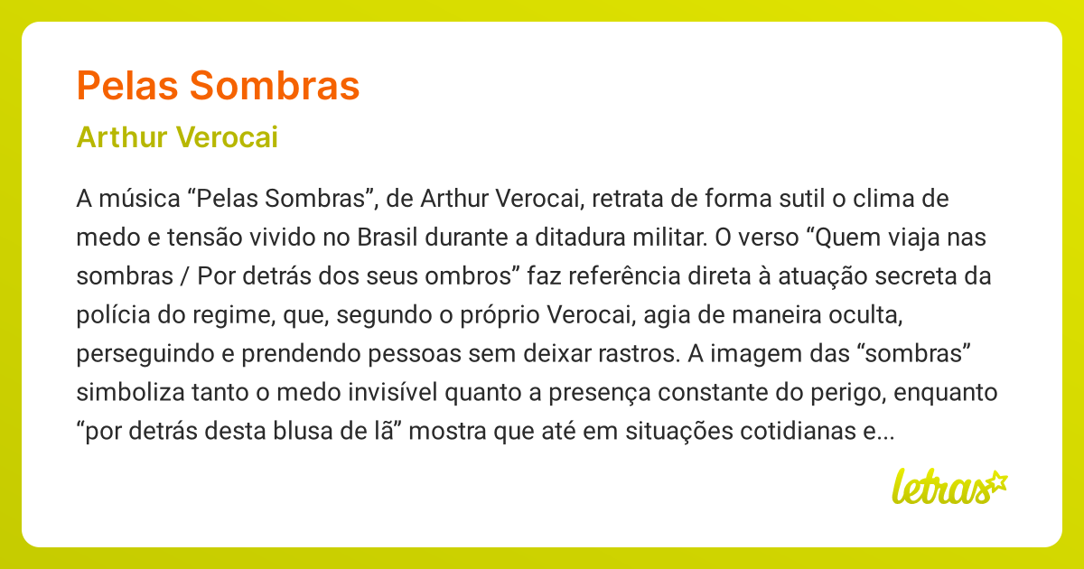 Significado da música PELAS SOMBRAS (Arthur Verocai) - LETRAS.MUS.BR