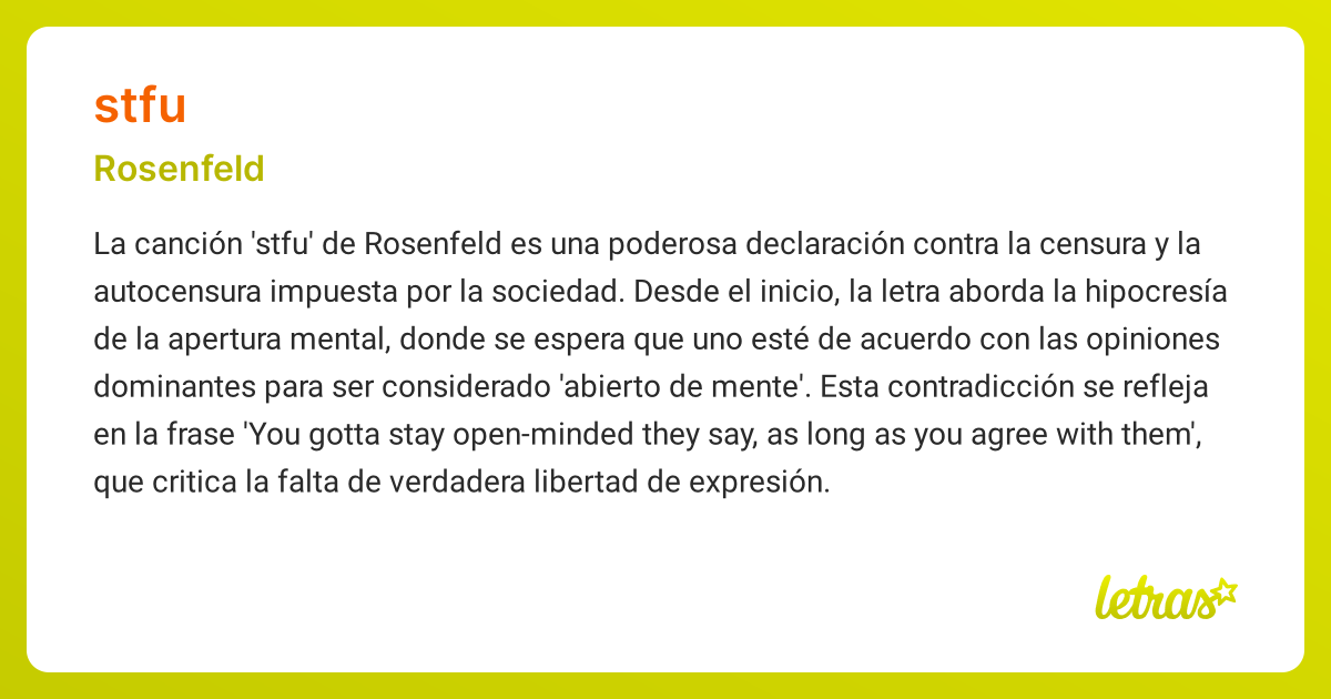 Significado de la canción STFU (Rosenfeld) - LETRAS.COM