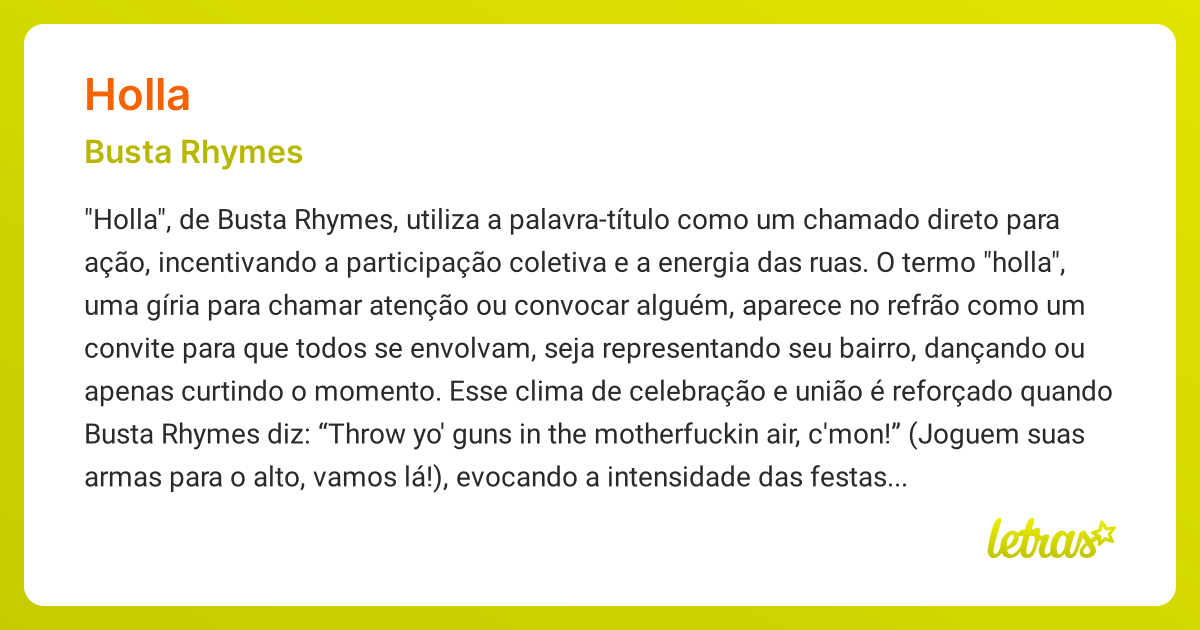 Significado da música HOLLA (Busta Rhymes) - LETRAS.MUS.BR