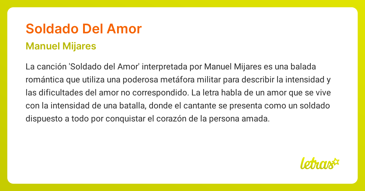 Significado de la canción SOLDADO DEL AMOR (Manuel Mijares) - LETRAS.COM