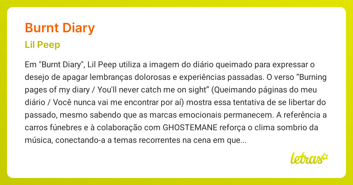 Significado da música BURNT DIARY (Lil Peep) - LETRAS.MUS.BR