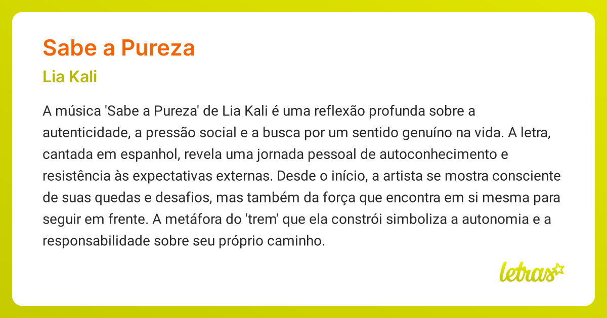 Significado da música SABE A PUREZA (Lia Kali) - LETRAS.MUS.BR
