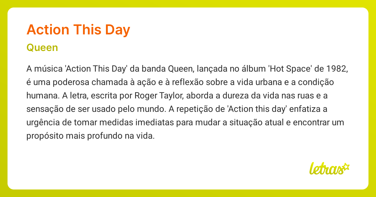 Significado da música ACTION THIS DAY (Queen) - LETRAS.MUS.BR