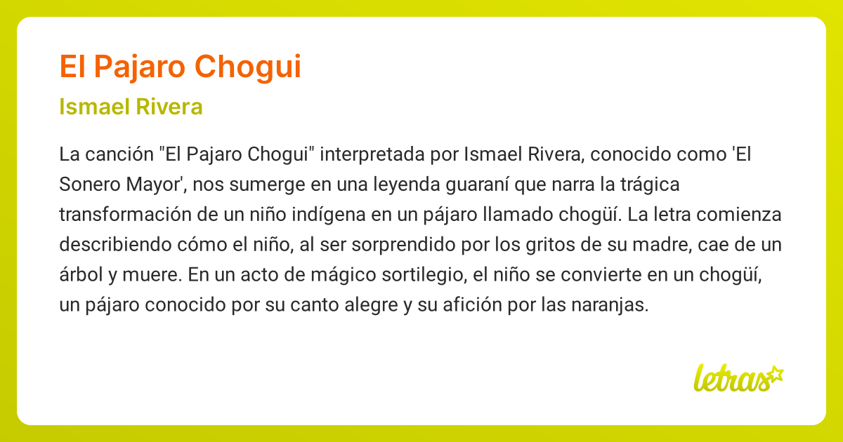 Significado de la canción EL PAJARO CHOGUI (Ismael Rivera) - LETRAS.COM