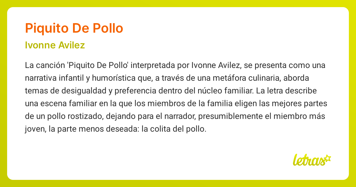 Significado de la canción PIQUITO DE POLLO (Ivonne Avilez) - LETRAS.COM