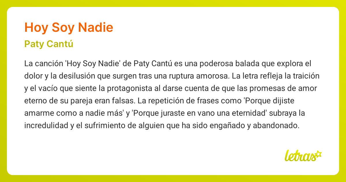 Significado de la canción HOY SOY NADIE (Paty Cantú) - LETRAS.COM