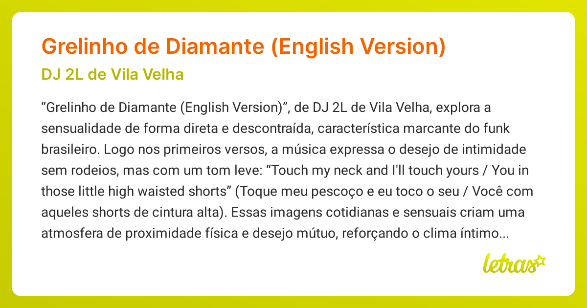 Significado da música Grelinho de Diamante (English Version) (DJ 2L de ...