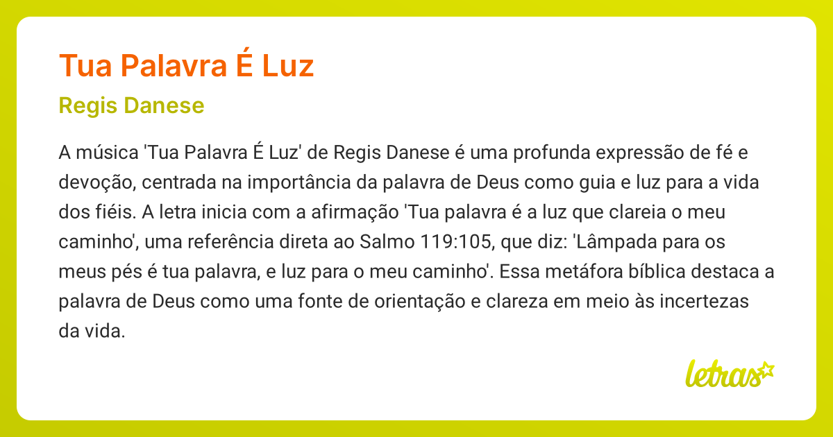 Significado da música TUA PALAVRA É LUZ (Regis Danese) - LETRAS.MUS.BR