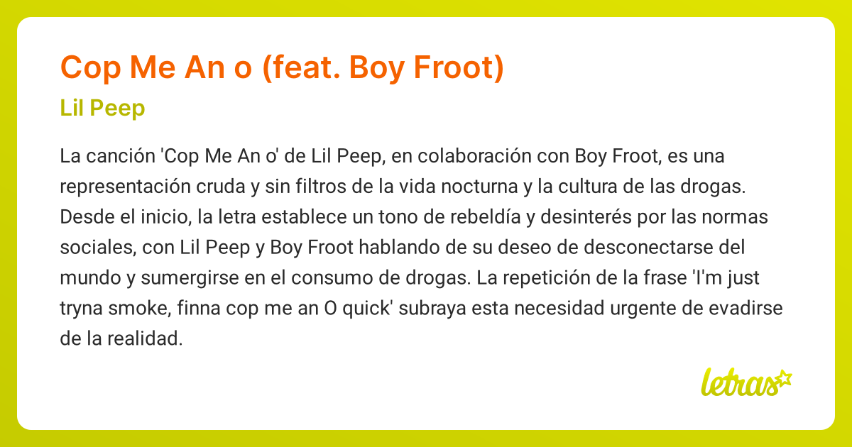 Significado de la canción COP ME AN O (FEAT. BOY FROOT) (Lil Peep ...