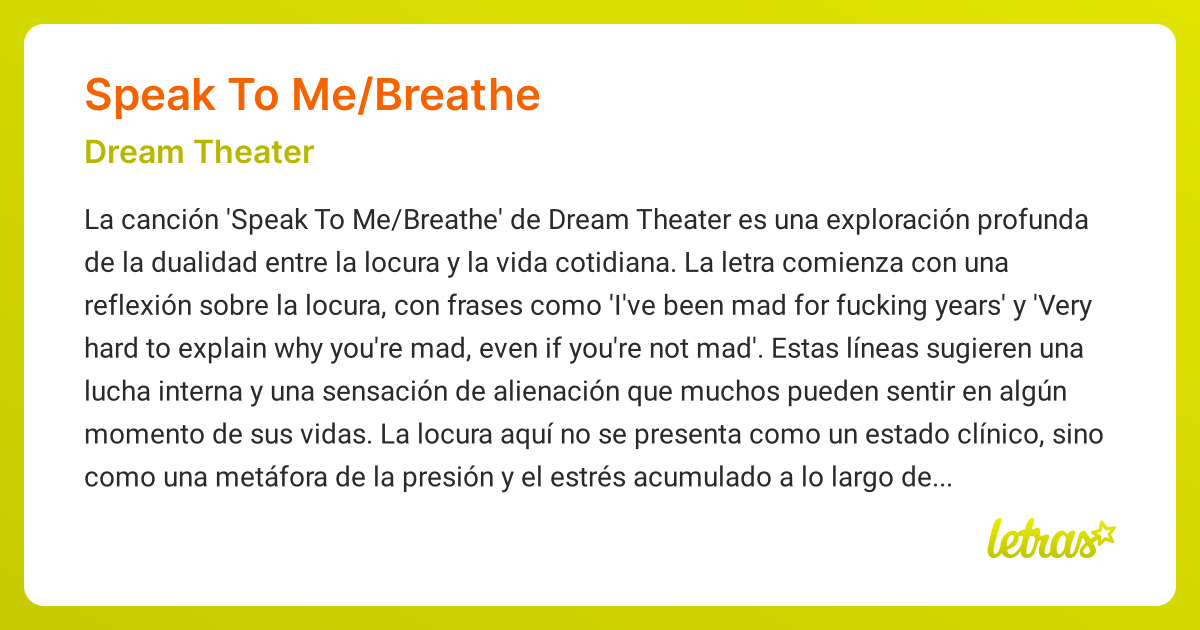 Significado de la canción SPEAK TO ME/BREATHE (Dream Theater) - LETRAS.COM