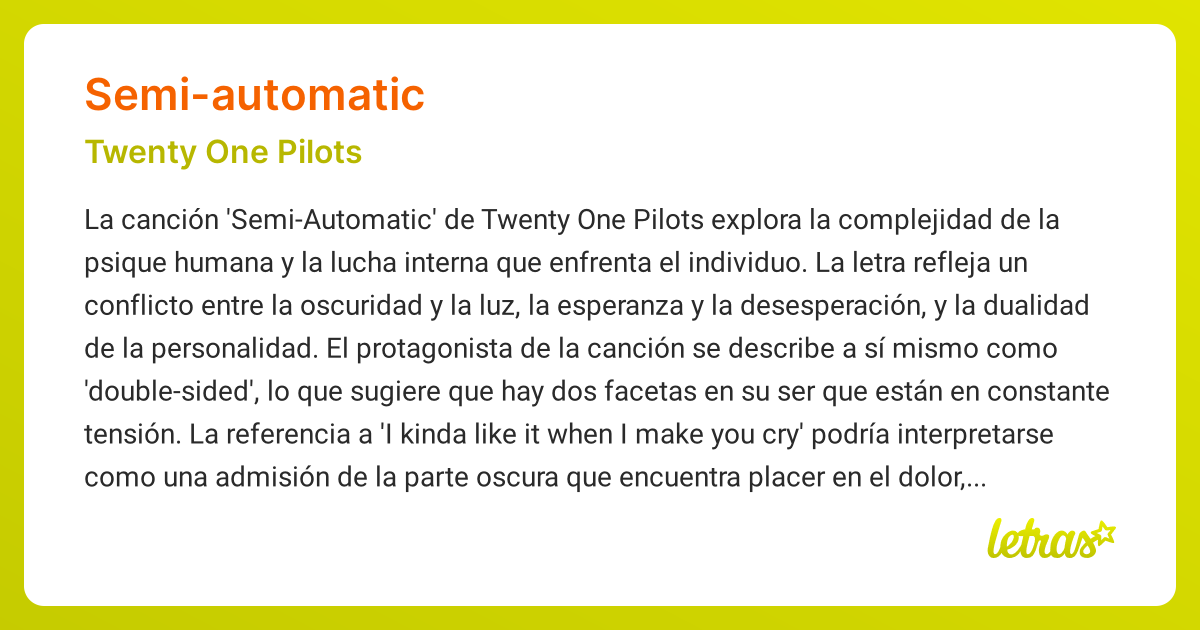 Significado de la canción SEMI-AUTOMATIC (Twenty One Pilots) - LETRAS.COM