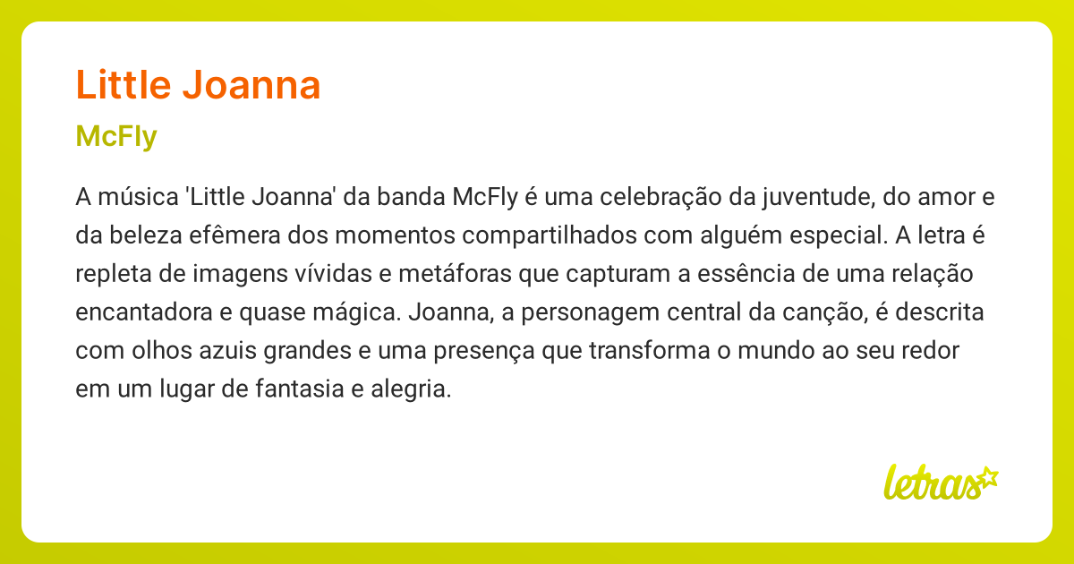 Significado da música LITTLE JOANNA (McFly) - LETRAS.MUS.BR