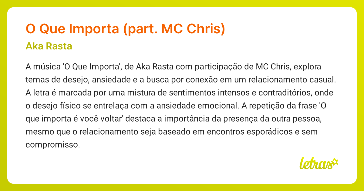 Significado da música O QUE IMPORTA (PART. MC CHRIS) (Aka Rasta ...