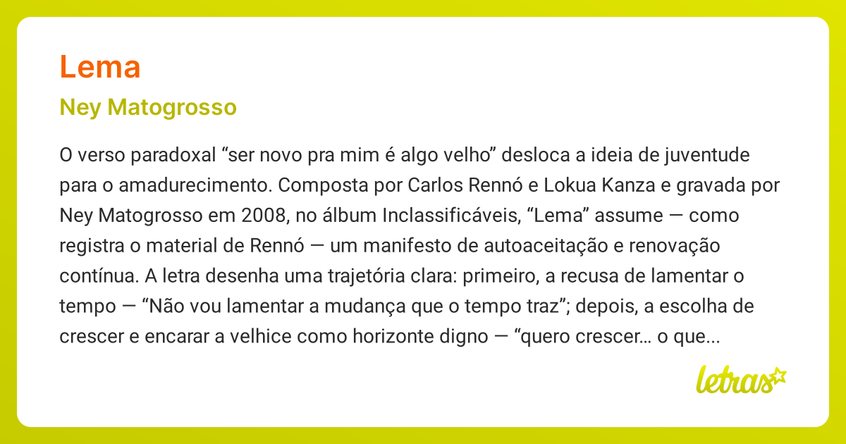 Significado da música LEMA (Ney Matogrosso) - LETRAS.MUS.BR