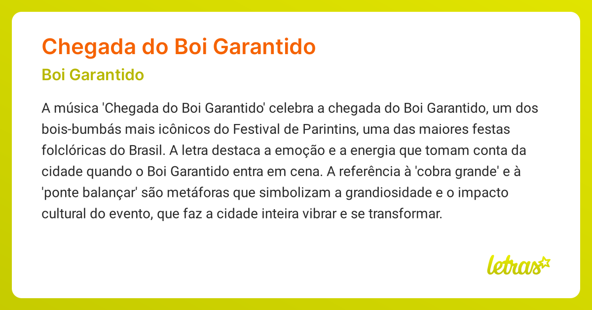 Significado da música CHEGADA DO BOI GARANTIDO (Boi Garantido) - LETRAS ...