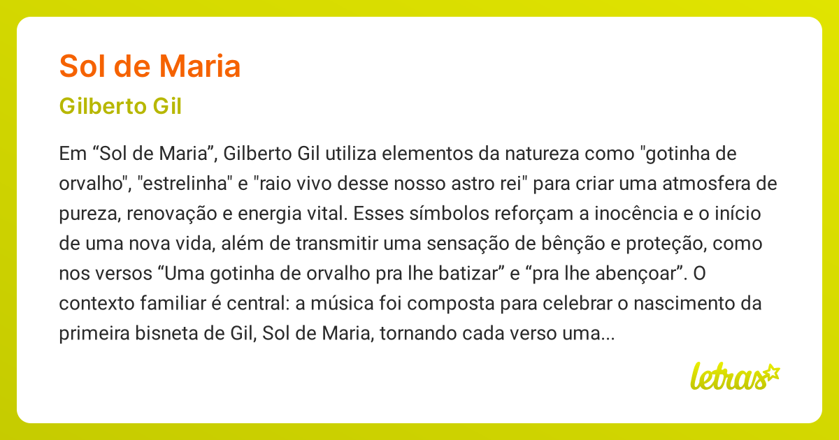 Significado da música SOL DE MARIA (Gilberto Gil) - LETRAS.MUS.BR
