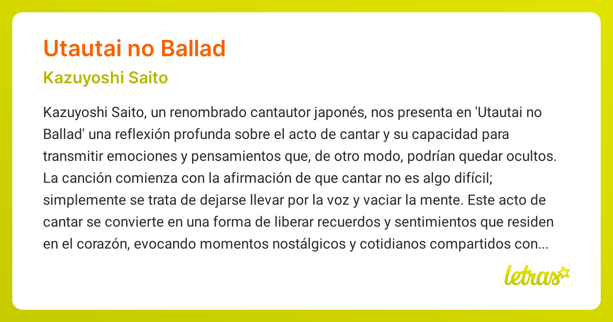 Significado de la canción UTAUTAI NO BALLAD (Kazuyoshi Saito) - LETRAS.COM