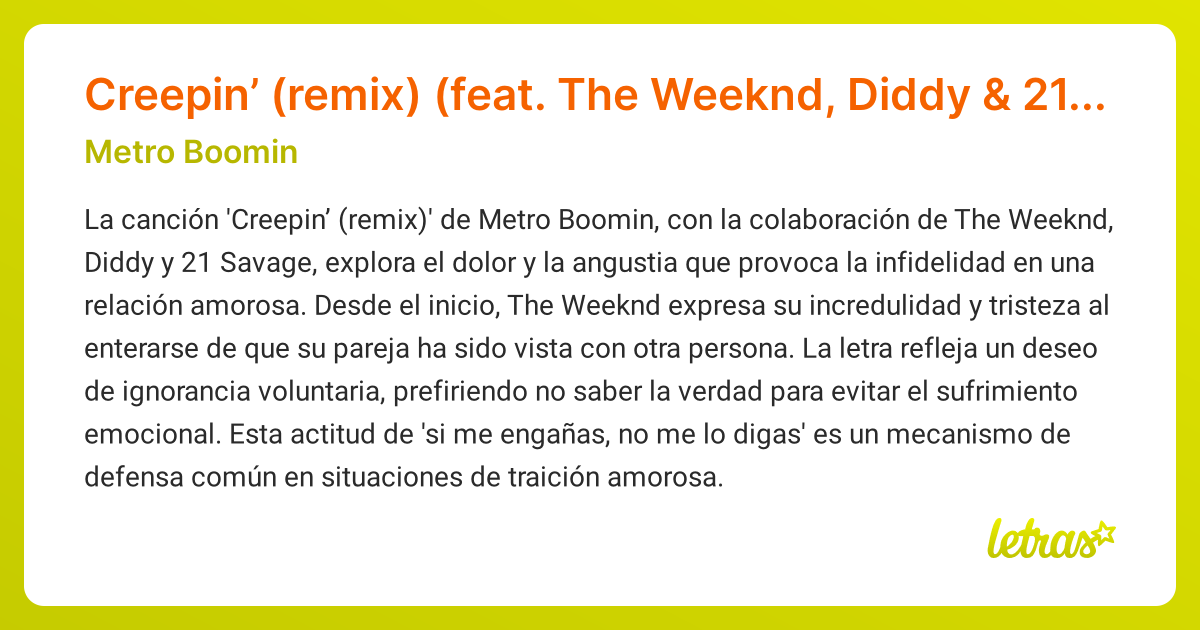Significado de la canción Creepin’ (remix) (feat. The Weeknd, Diddy ...