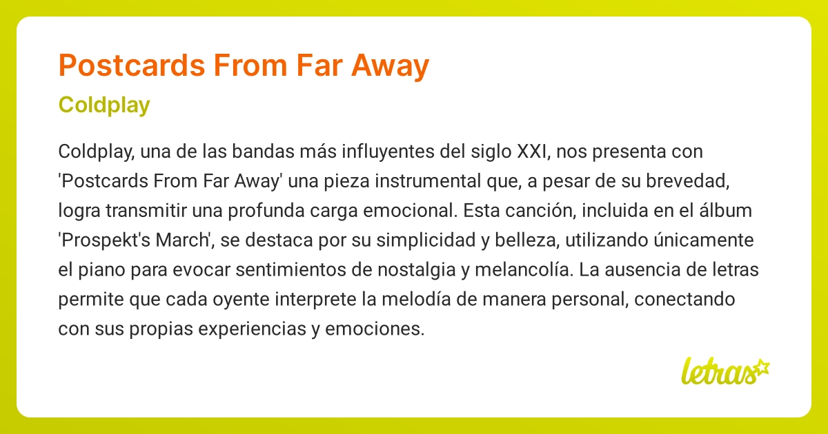 Significado de la canción POSTCARDS FROM FAR AWAY (Coldplay) - LETRAS.COM