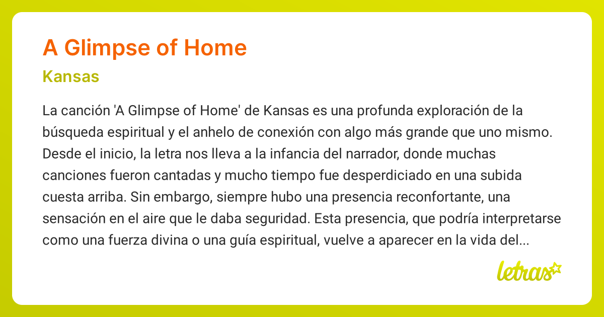 Significado de la canción A GLIMPSE OF HOME (Kansas) - LETRAS.COM