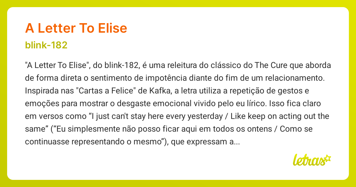 Significado da música A LETTER TO ELISE (blink-182) - LETRAS.MUS.BR