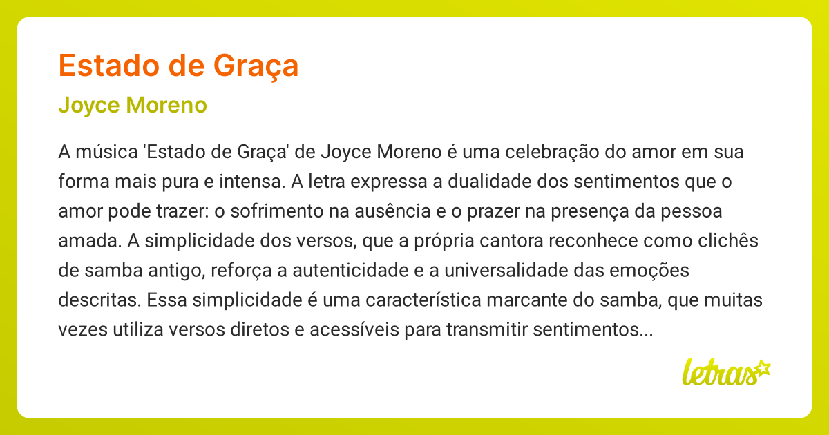 Significado da música ESTADO DE GRAÇA (Joyce Moreno) - LETRAS.MUS.BR