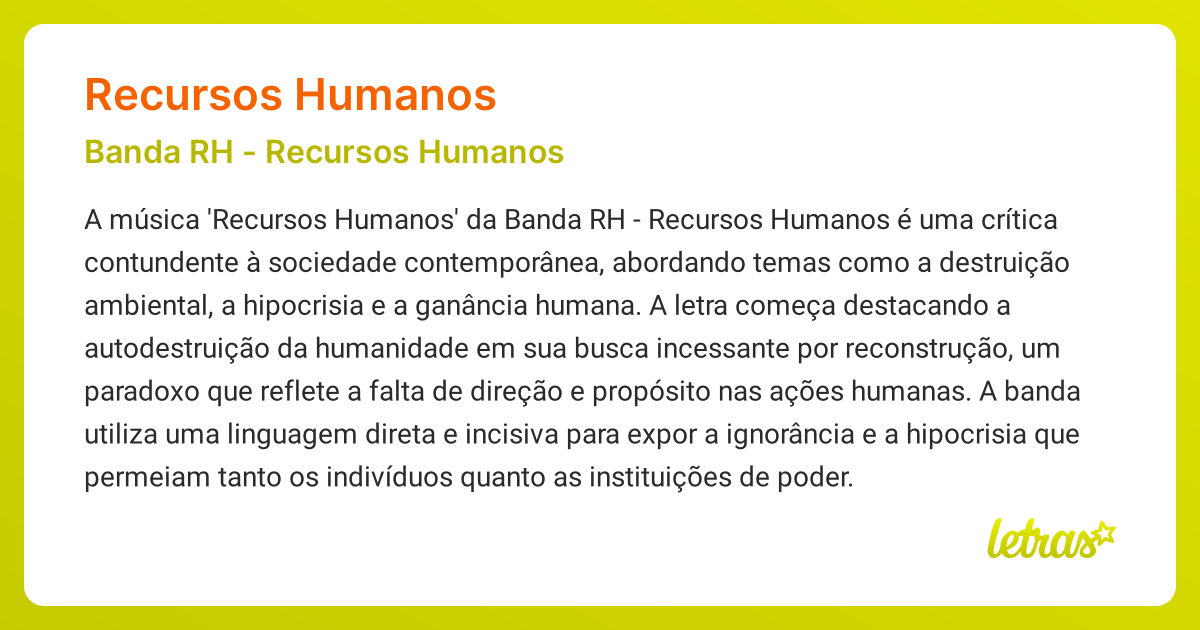 Significado da música RECURSOS HUMANOS (Banda RH - Recursos Humanos ...