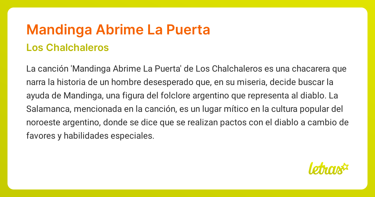 Significado de la canción MANDINGA ABRIME LA PUERTA (Los Chalchaleros ...