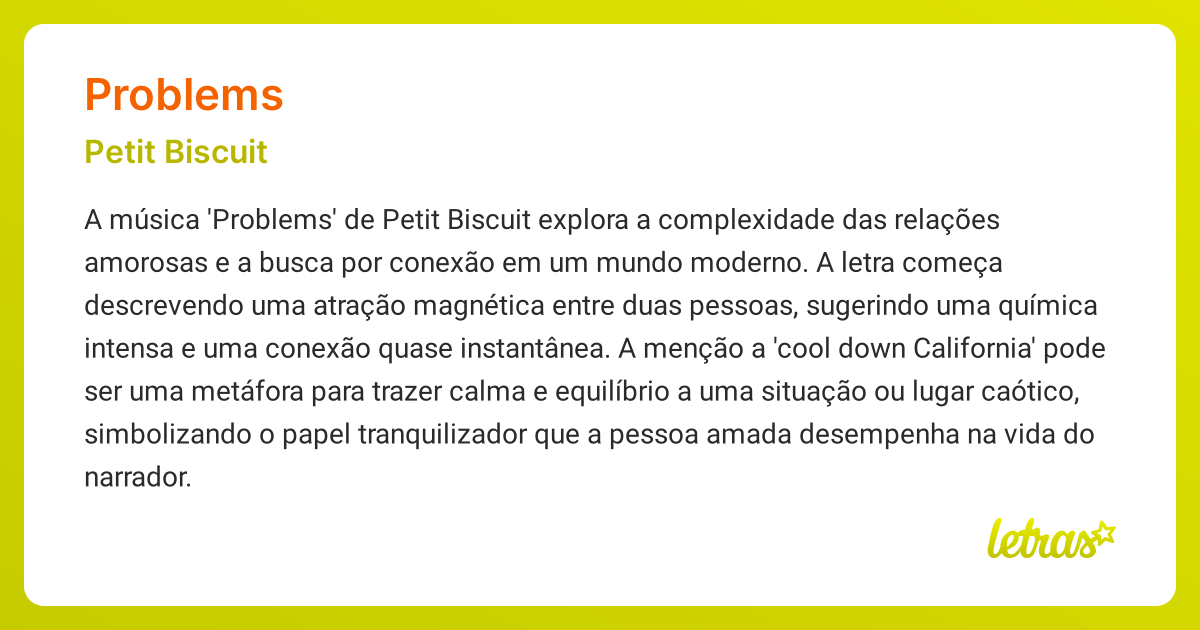Significado da música PROBLEMS (Petit Biscuit) - LETRAS.MUS.BR