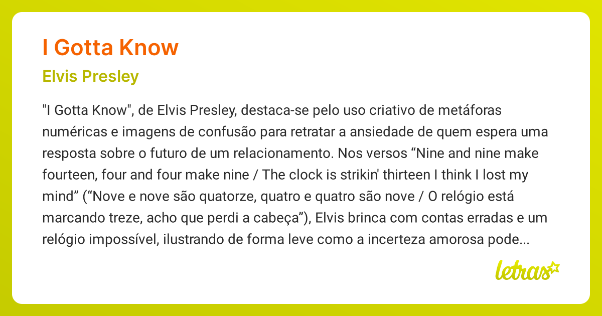 Significado da música I GOTTA KNOW (Elvis Presley) - LETRAS.MUS.BR
