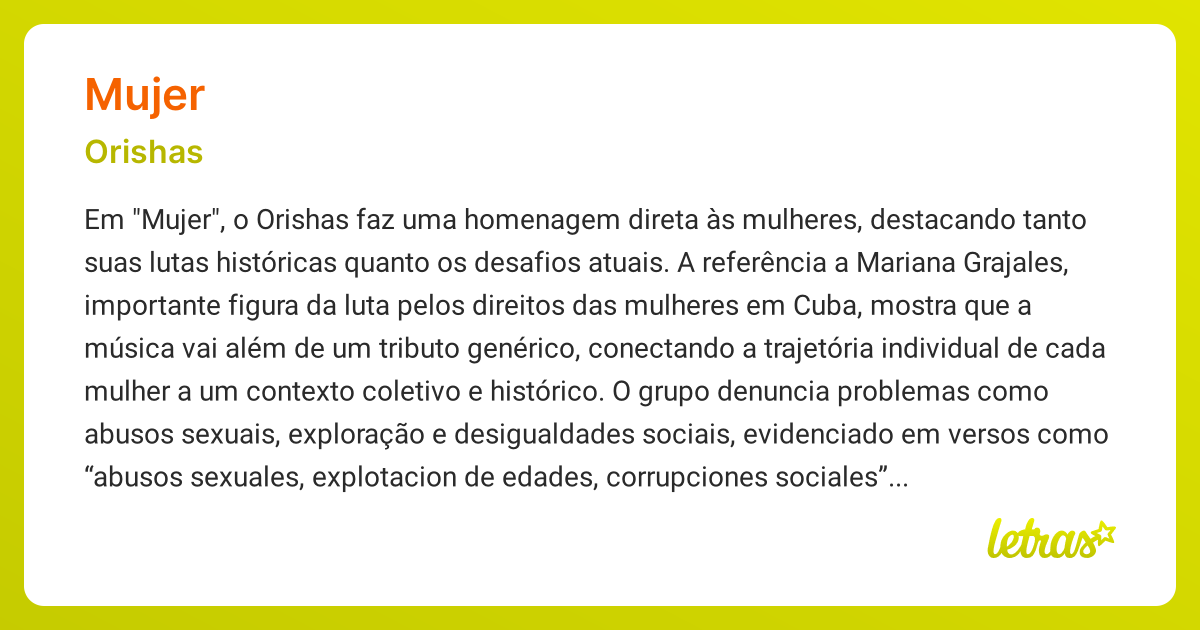 Significado da música MUJER (Orishas) - LETRAS.MUS.BR