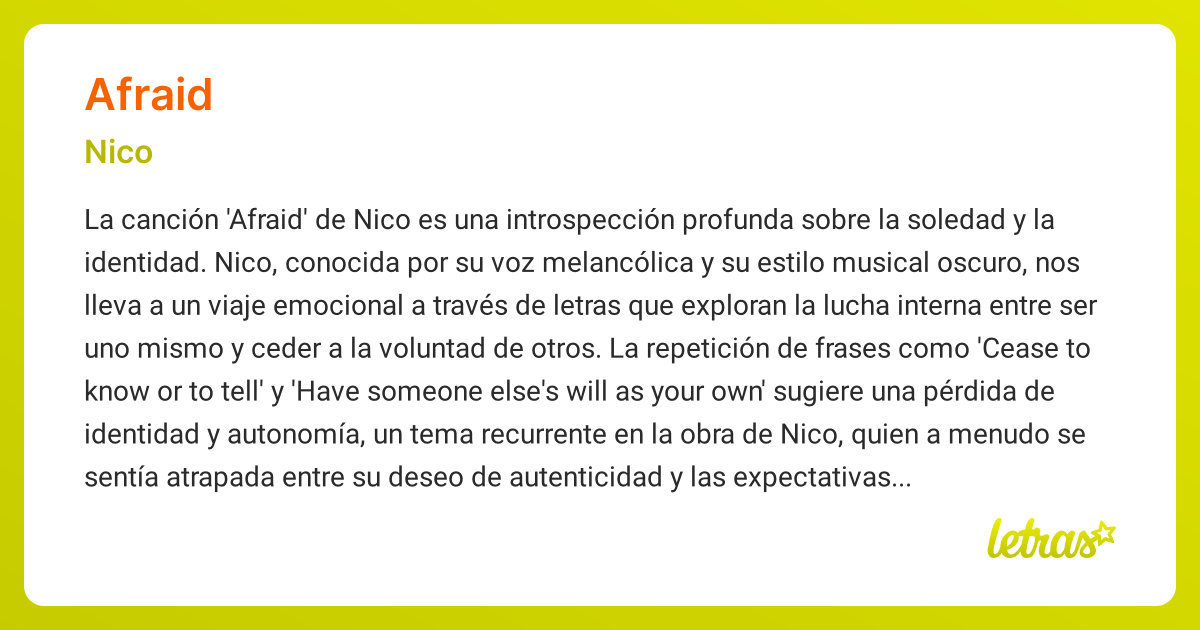 Significado de la canción AFRAID (Nico) - LETRAS.COM