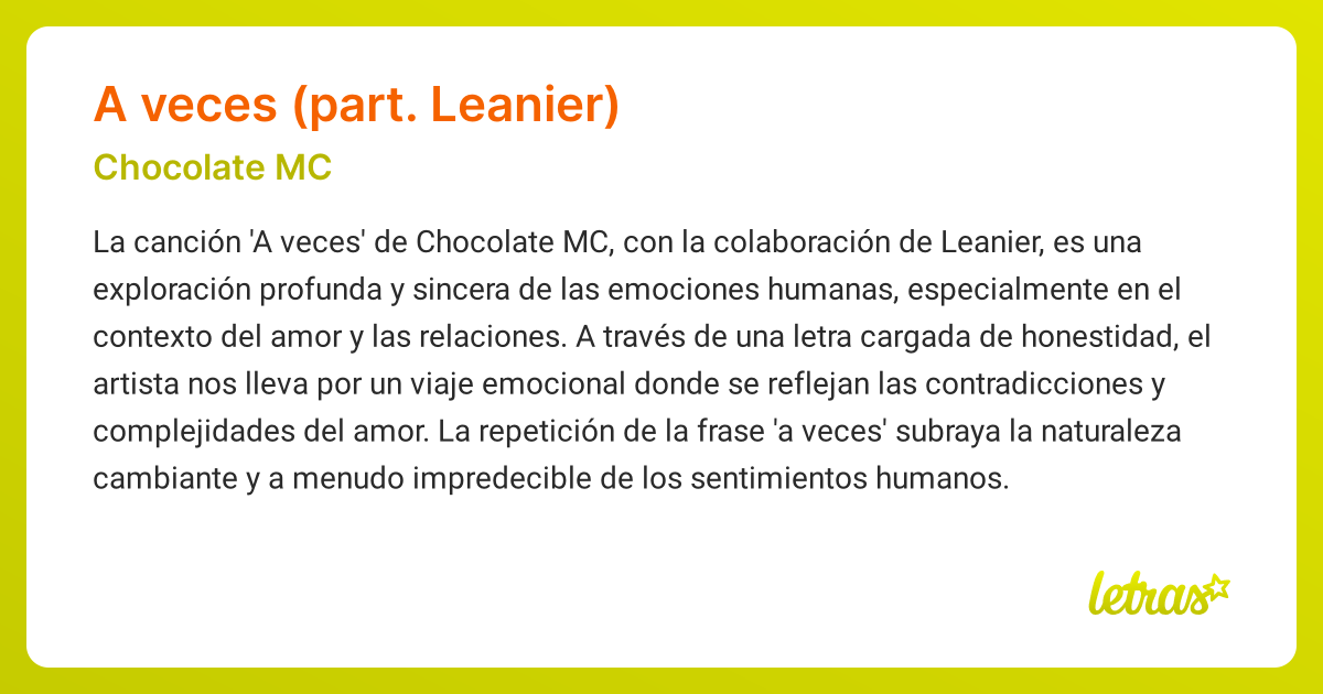 Significado de la canción A VECES (PART. LEANIER) (Chocolate MC ...