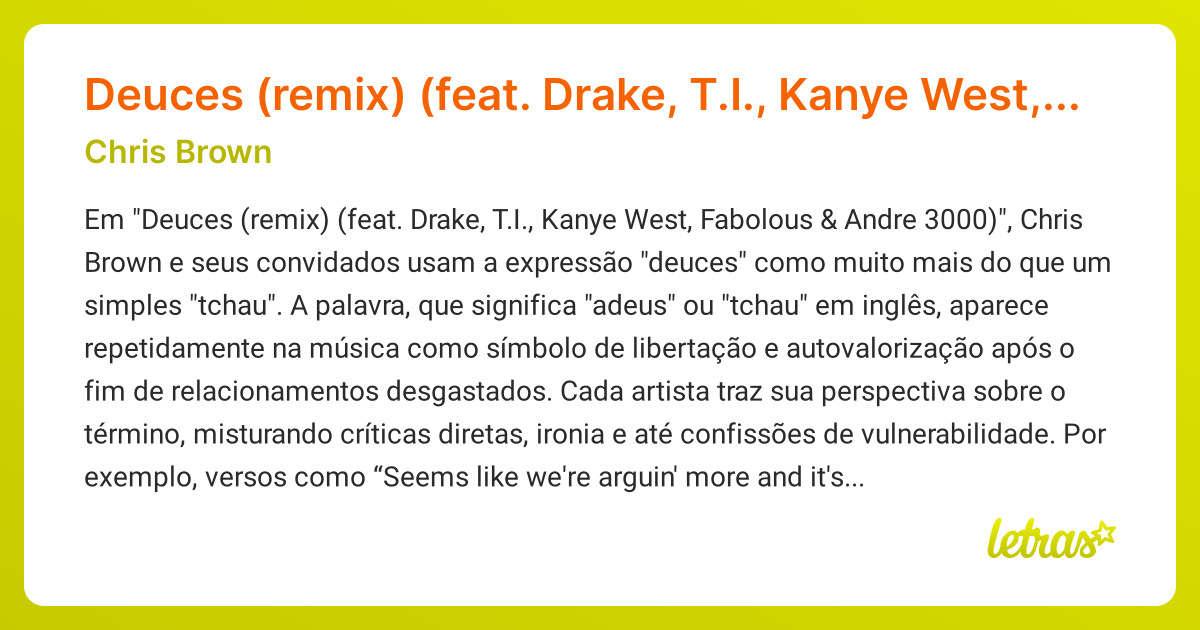 Significado da música Deuces (remix) (feat. Drake, T.I., Kanye West ...