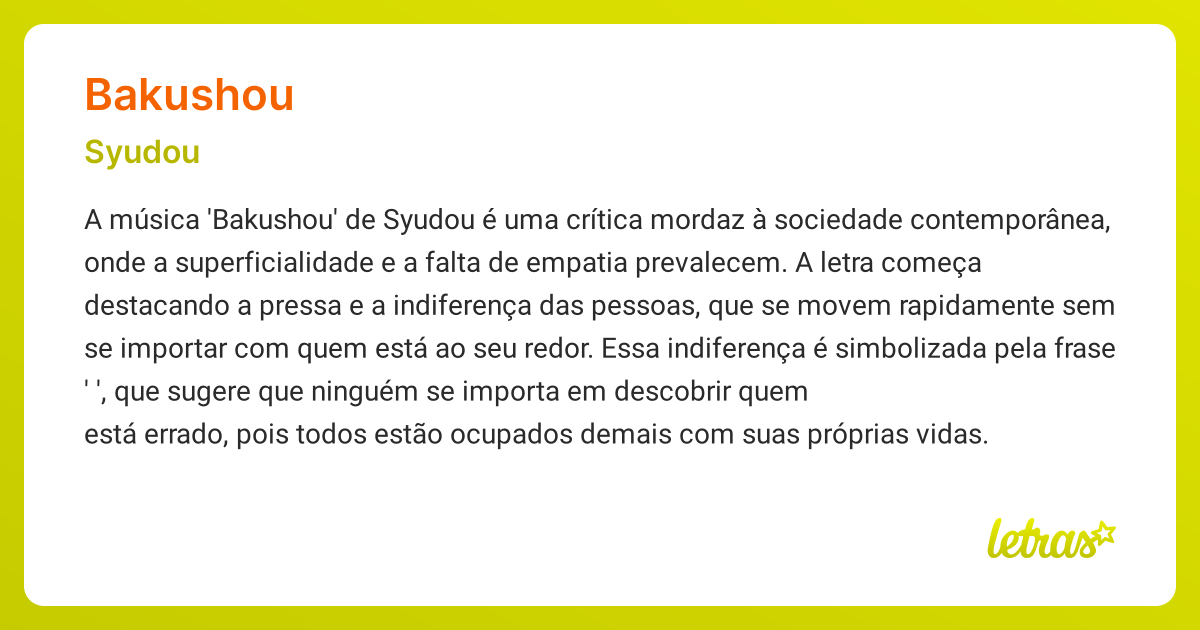 Significado da música BAKUSHOU (Syudou) - LETRAS.MUS.BR