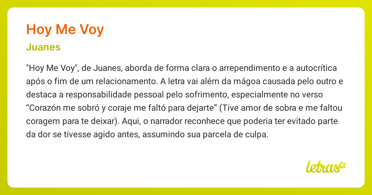 Significado da música HOY ME VOY (Juanes) - LETRAS.MUS.BR
