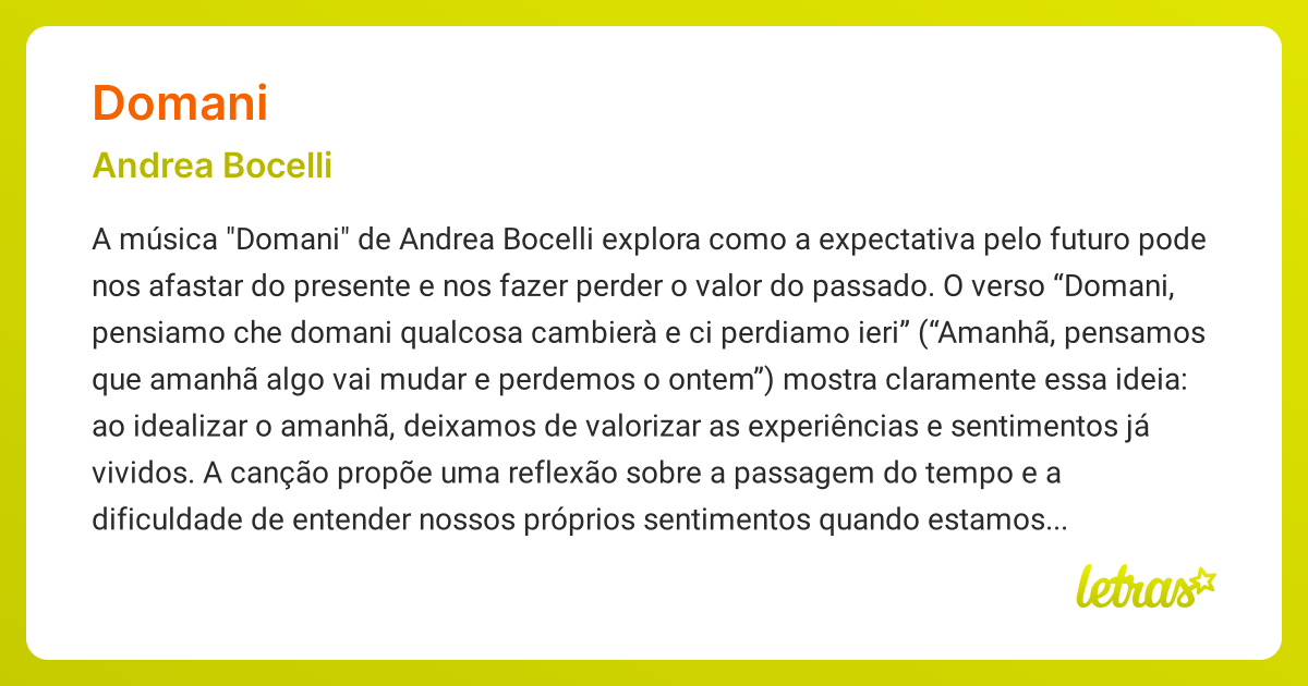 Significado da música DOMANI (Andrea Bocelli) - LETRAS.MUS.BR