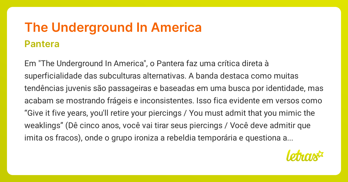 Significado da música THE UNDERGROUND IN AMERICA (Pantera) - LETRAS.MUS.BR