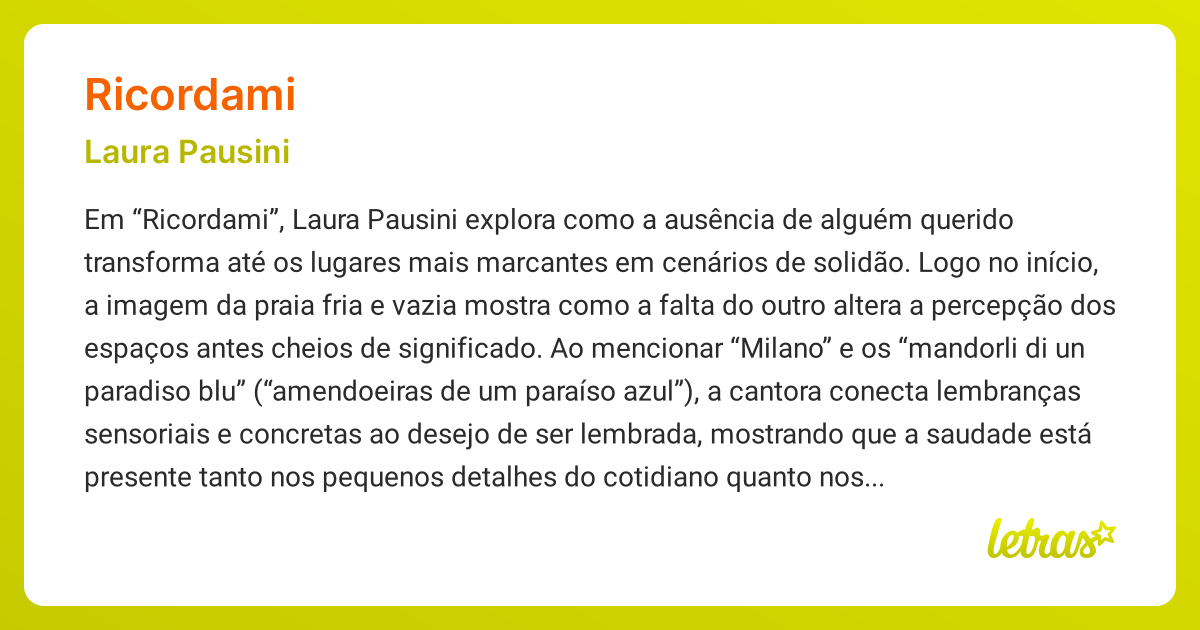 Significado da música RICORDAMI (Laura Pausini) - LETRAS.MUS.BR
