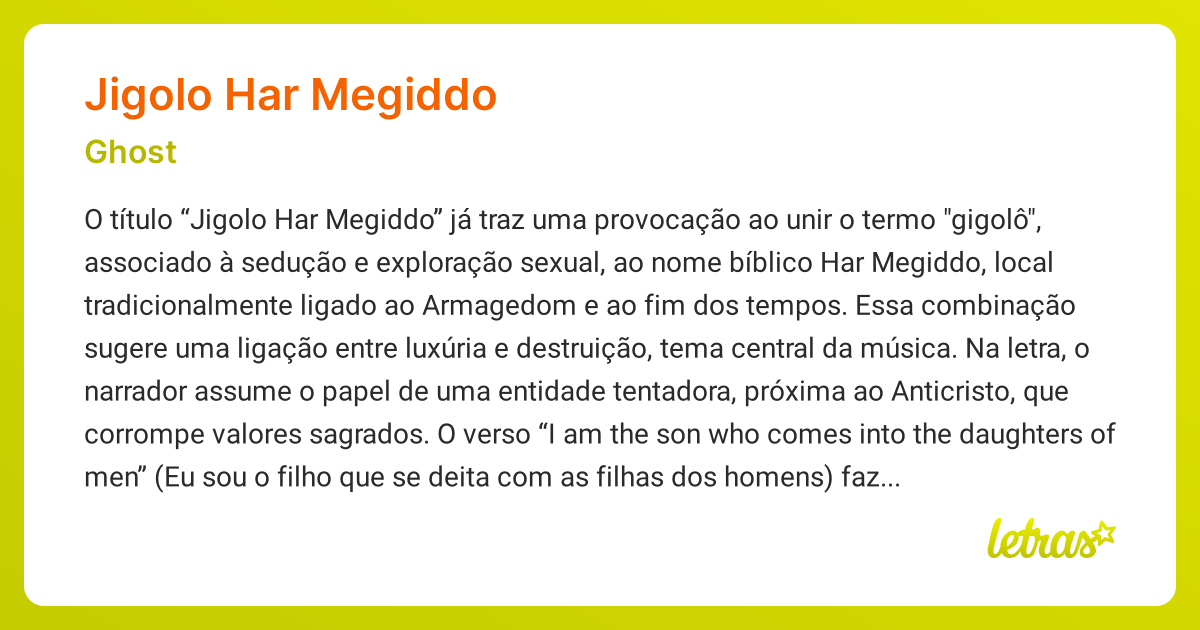 Significado da música JIGOLO HAR MEGIDDO (Ghost) - LETRAS.MUS.BR