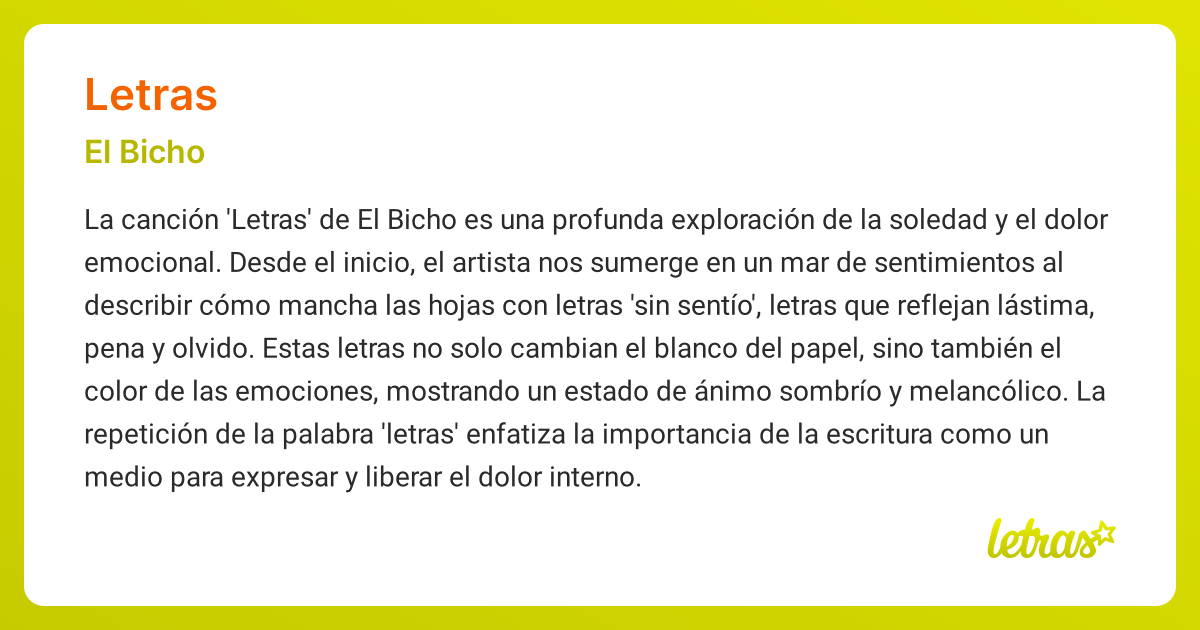 Significado de la canción LETRAS (El Bicho) - LETRAS.COM
