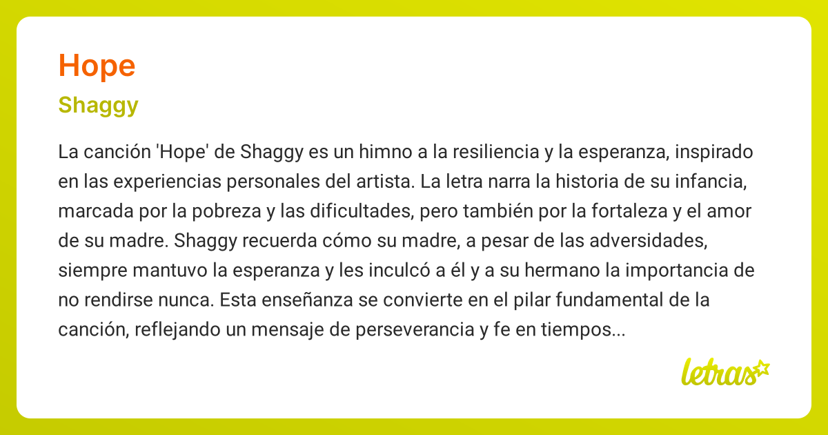 Significado de la canción HOPE (Shaggy) - LETRAS.COM