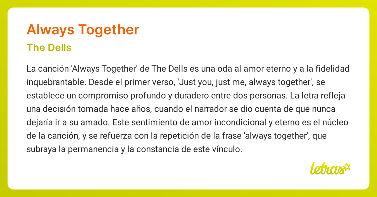 Significado de la canción ALWAYS TOGETHER (The Dells) - LETRAS.COM