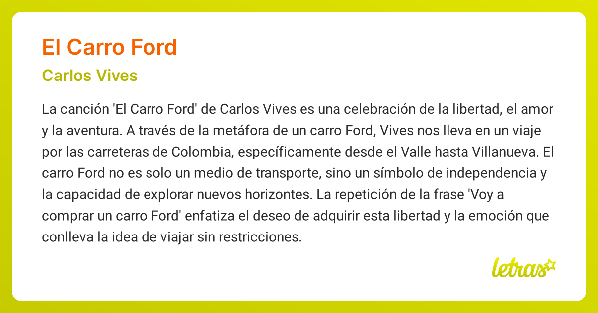 Significado de la canción EL CARRO FORD (Carlos Vives) - LETRAS.COM