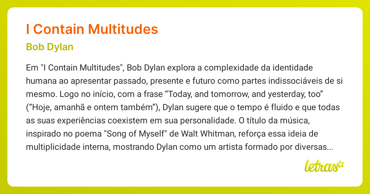 Significado da música I CONTAIN MULTITUDES (Bob Dylan) - LETRAS.MUS.BR