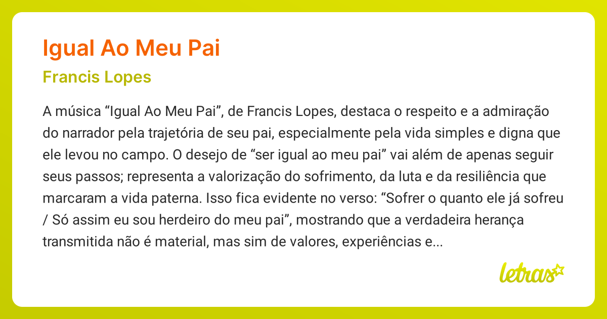 Significado da música IGUAL AO MEU PAI (Francis Lopes) - LETRAS.MUS.BR