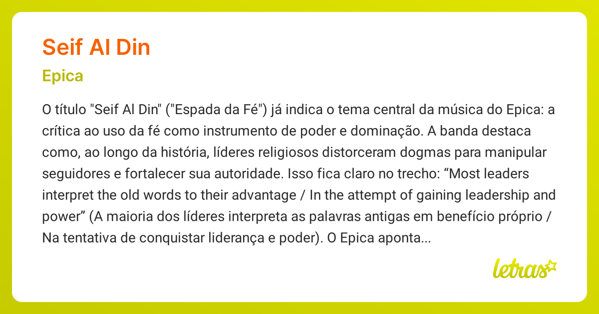 Significado da música SEIF AL DIN (Epica) - LETRAS.MUS.BR